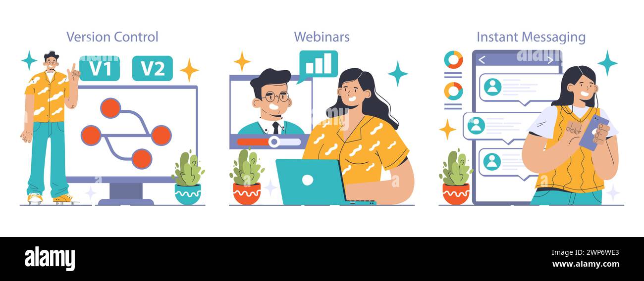 Collaboration tools set. Man showcasing version control, woman ...