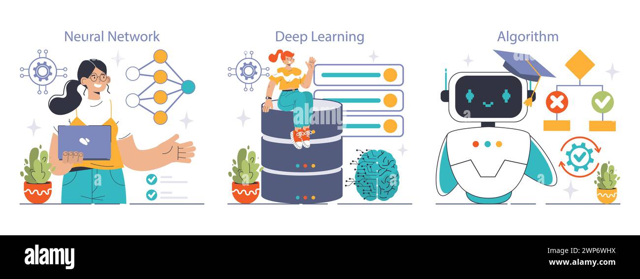 Machine Learning Concepts Visualized With Neural Network Deep Learning And Algorithm Graphics