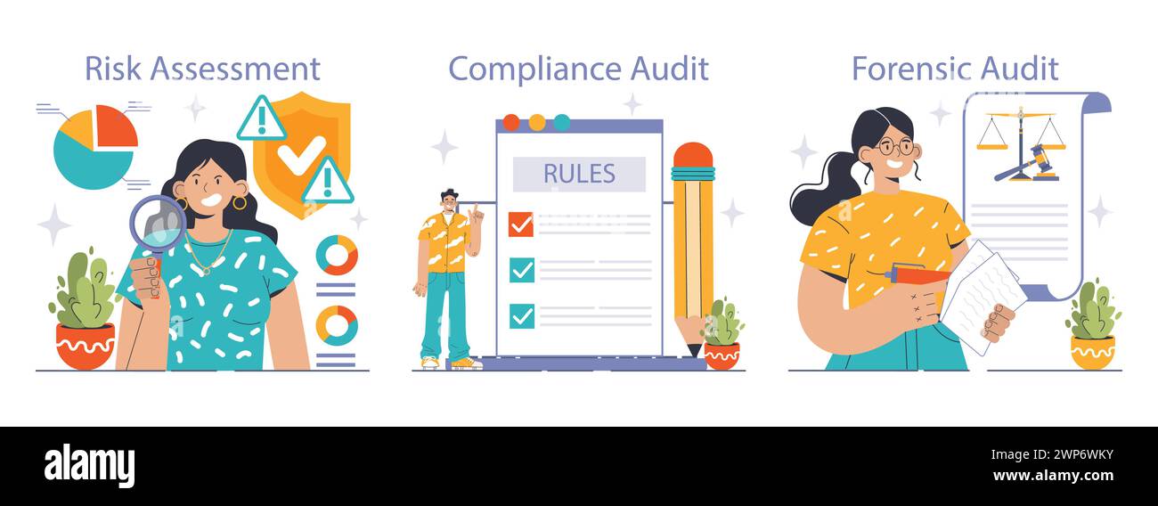 Audit processes set. Diligent woman examines data for risk assessment ...