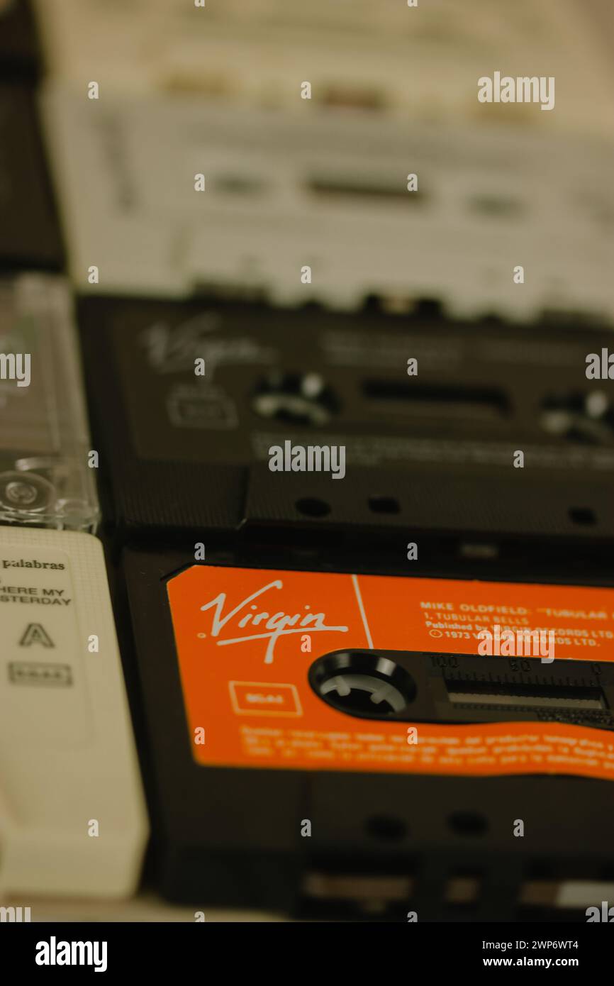 Madrid, Spain. January 2, 2024 Old vintage cassettes background. Tape ...