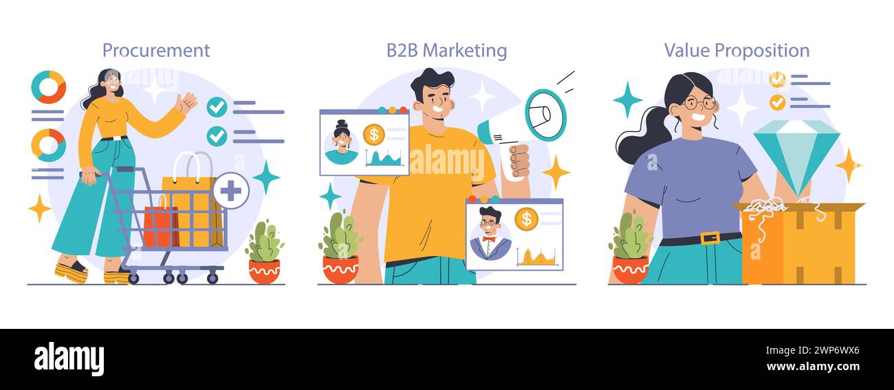 Business Concepts set. Seamless procurement process, engaging B2B ...