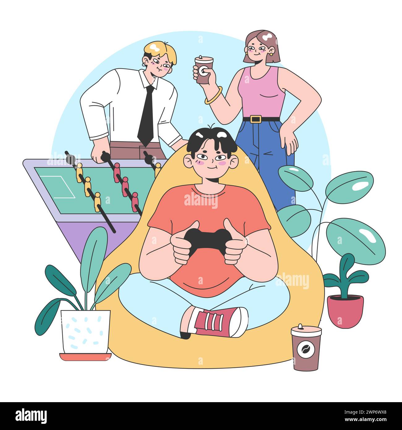 Modern office break time scene. Colleagues enjoying leisure activities ...