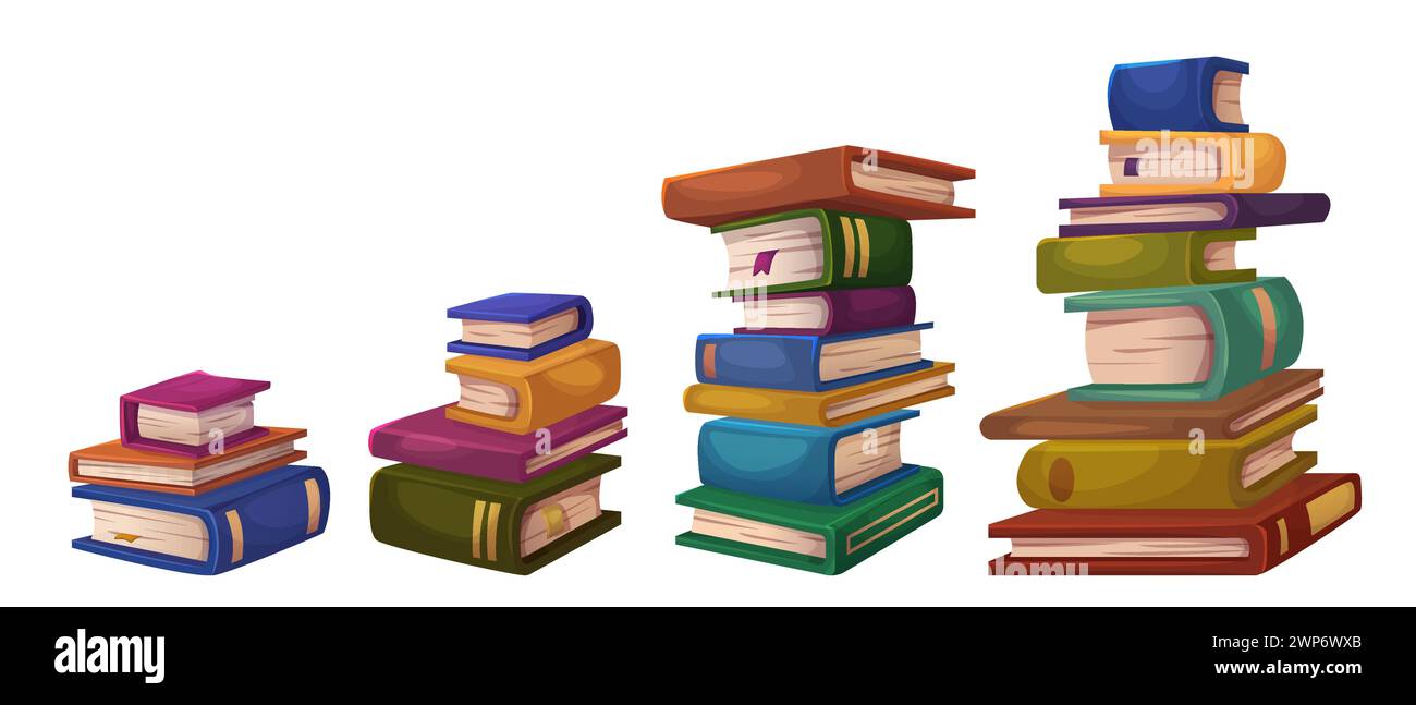 Book stack in cartoon vector illustration set. Tall and small pile of ...