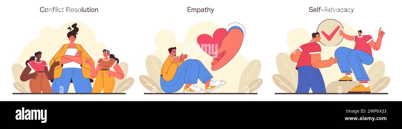 Assertiveness set. Conflict resolution with calm mediation. Empathy ...