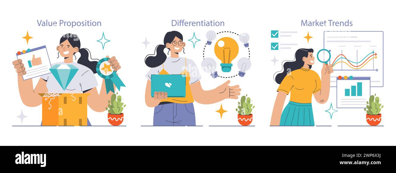 Business strategy set. Expert showcasing value proposition, innovation ...