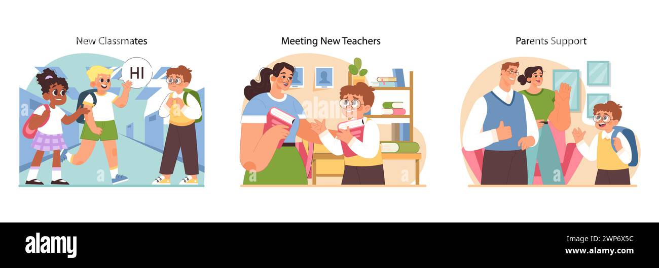 New at school set. Cheerful interactions and warm welcomes among ... New at school set. Cheerful interactions and warm welcomes among ...