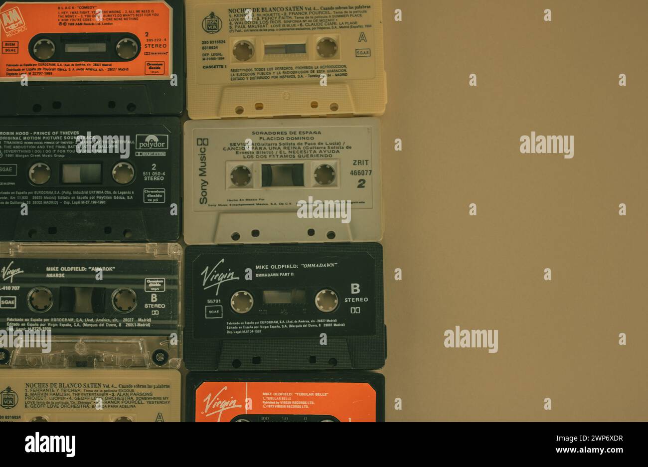 Madrid, Spain. January 2, 2024 Old vintage cassettes background. Tape ...