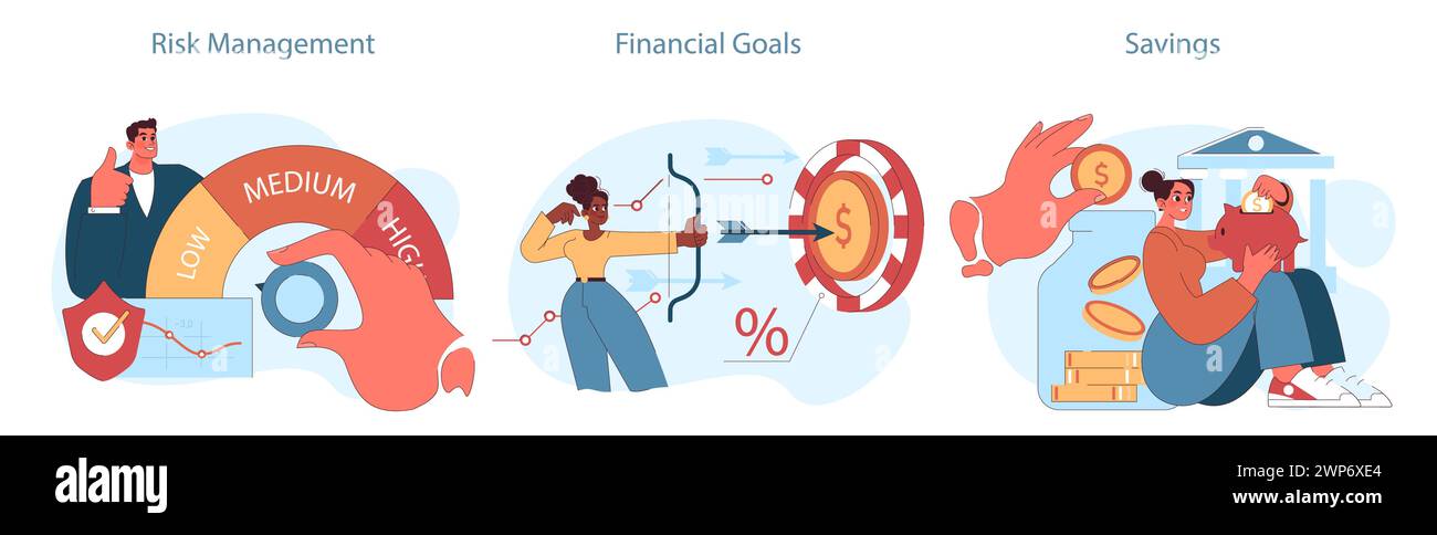 Financial planning set. Outlining risk management, setting financial ...