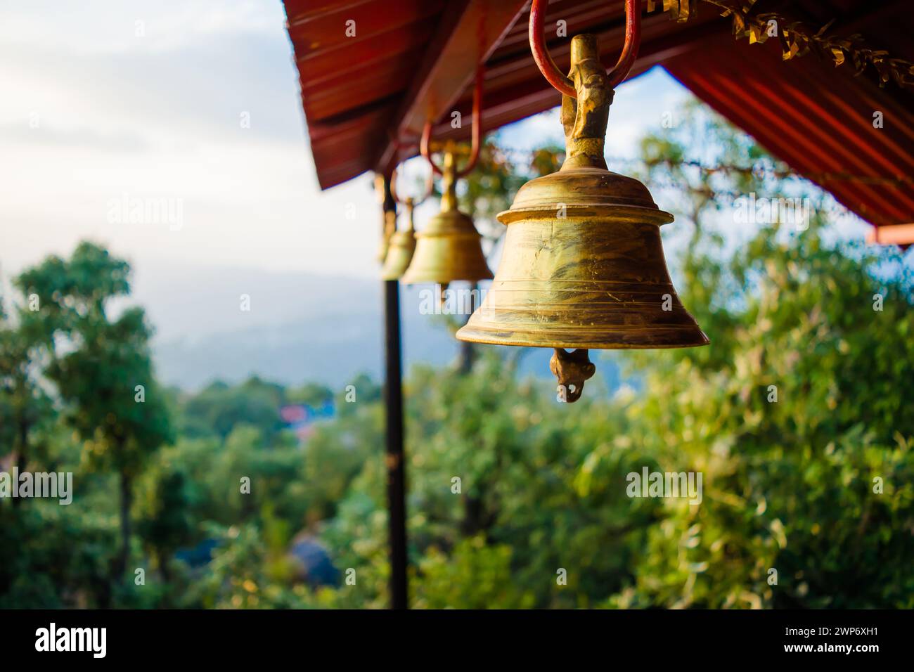 Bronze bells in Indian temple. Hindu temple bell. Brass made bell for ...