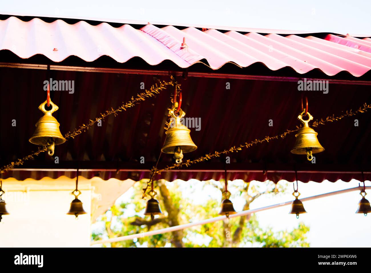 Bronze bells in Indian temple. Hindu temple bell. Brass made bell for ...