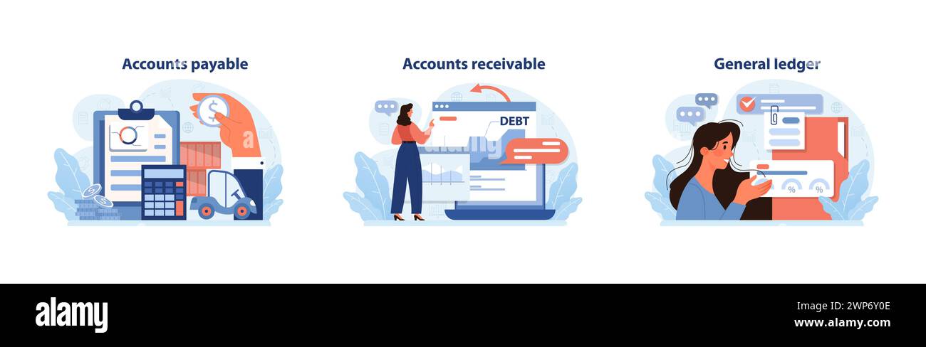 Accounting essentials set. Professionals handle accounts payable, track ...