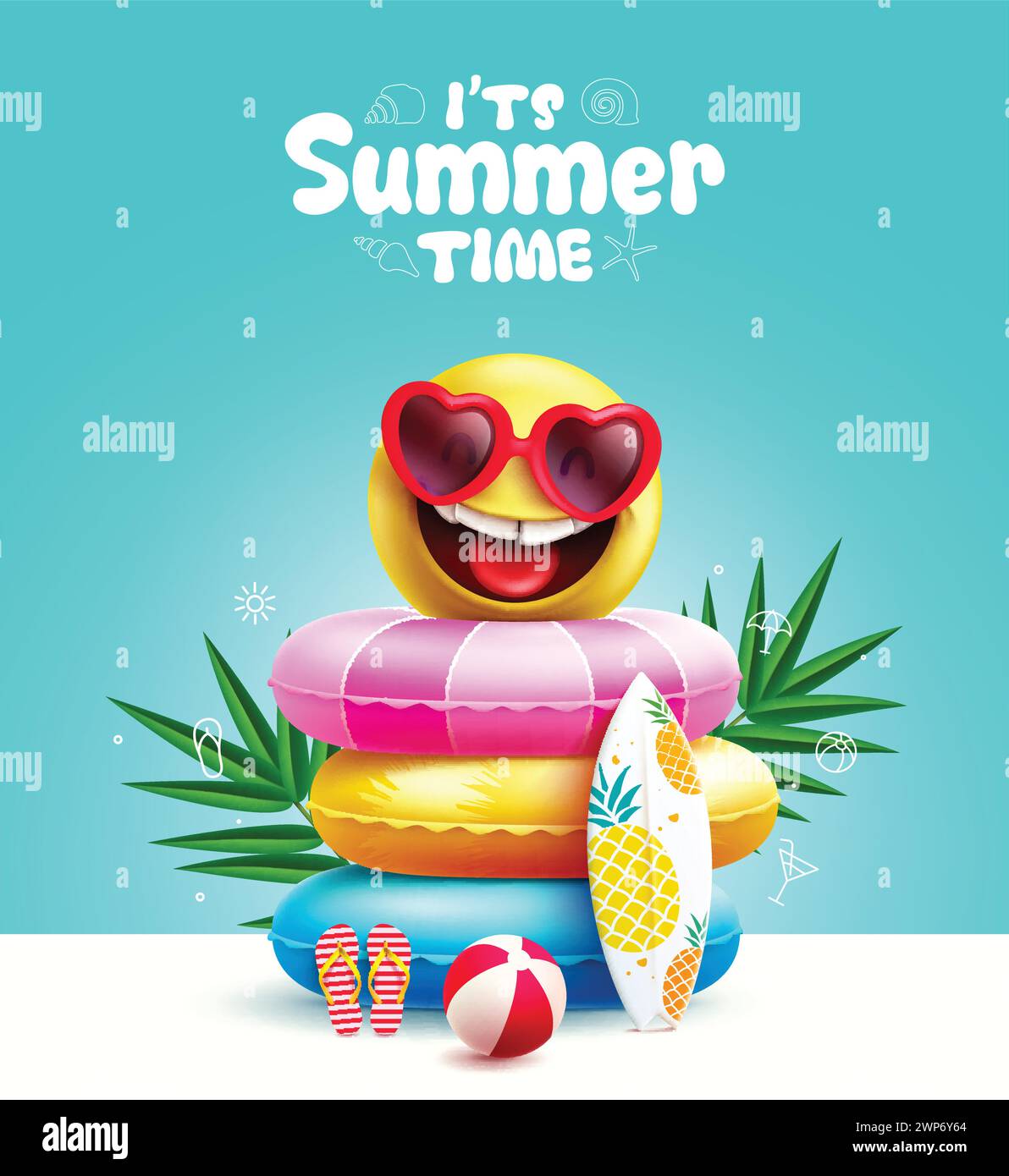 Summer time greeting vector design. Summer time text with emoji smiling ...