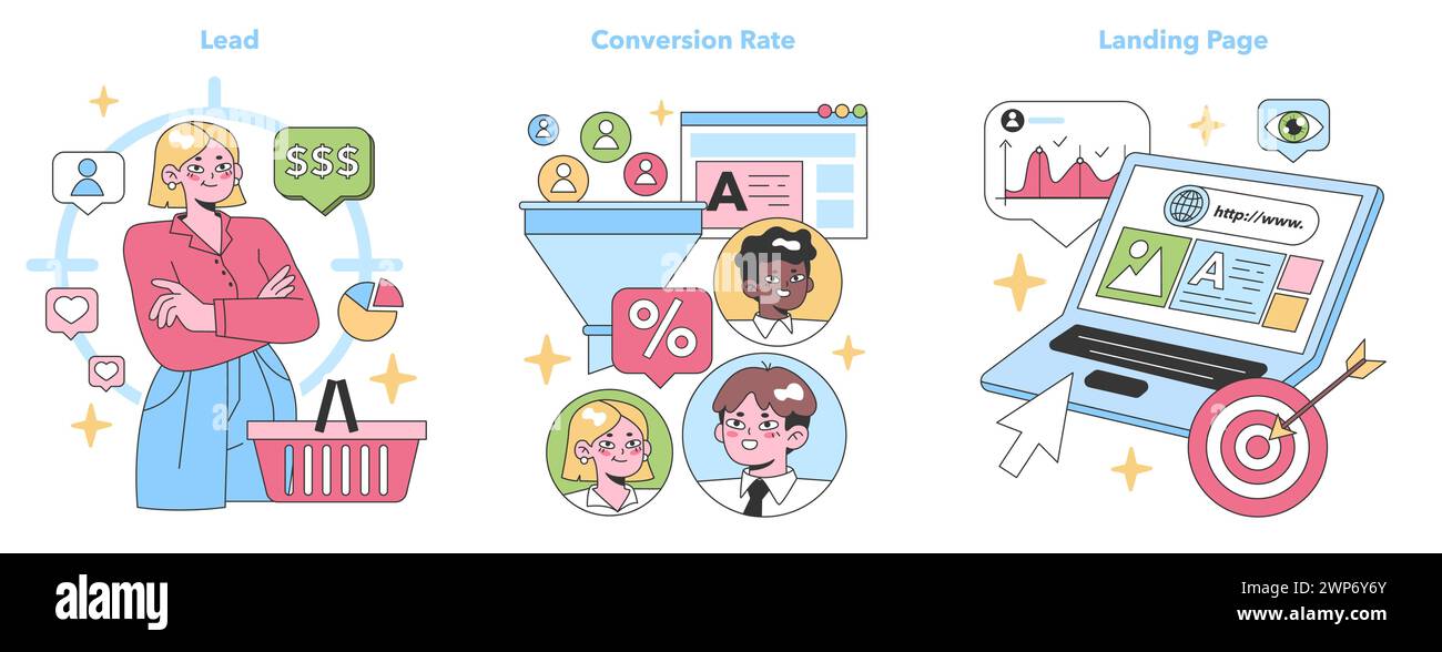 Digital Marketing set. Engaging lead acquisition, efficient conversion ...