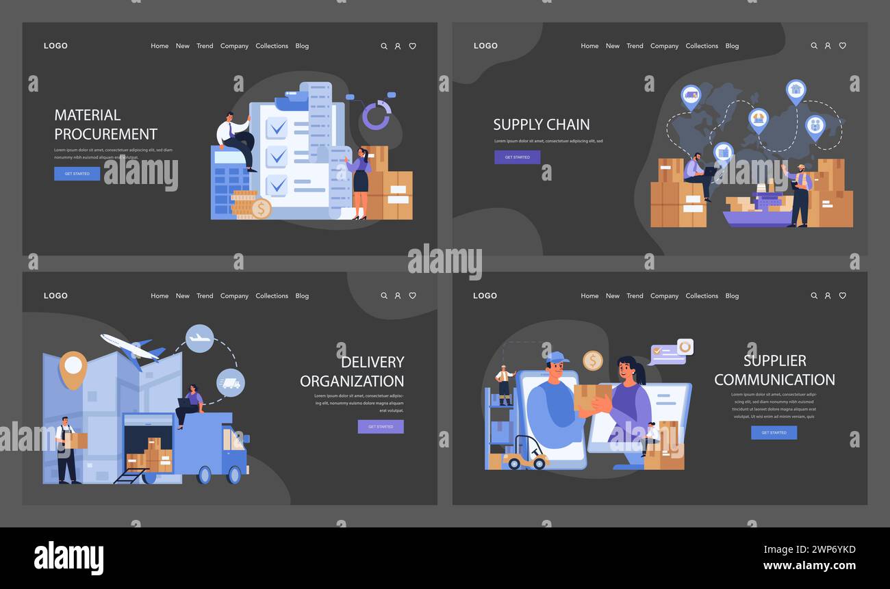 Supply Chain set. Comprehensive stages of logistics from production to feedback analysis ...