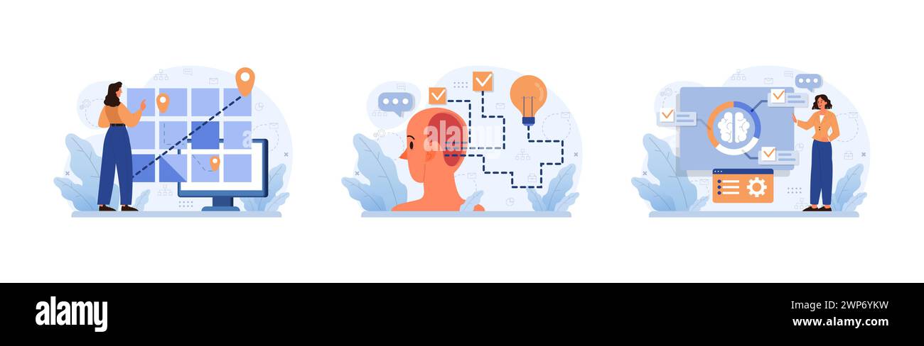 Divergent Thinking set. Digital world exploration. Woman navigates ...