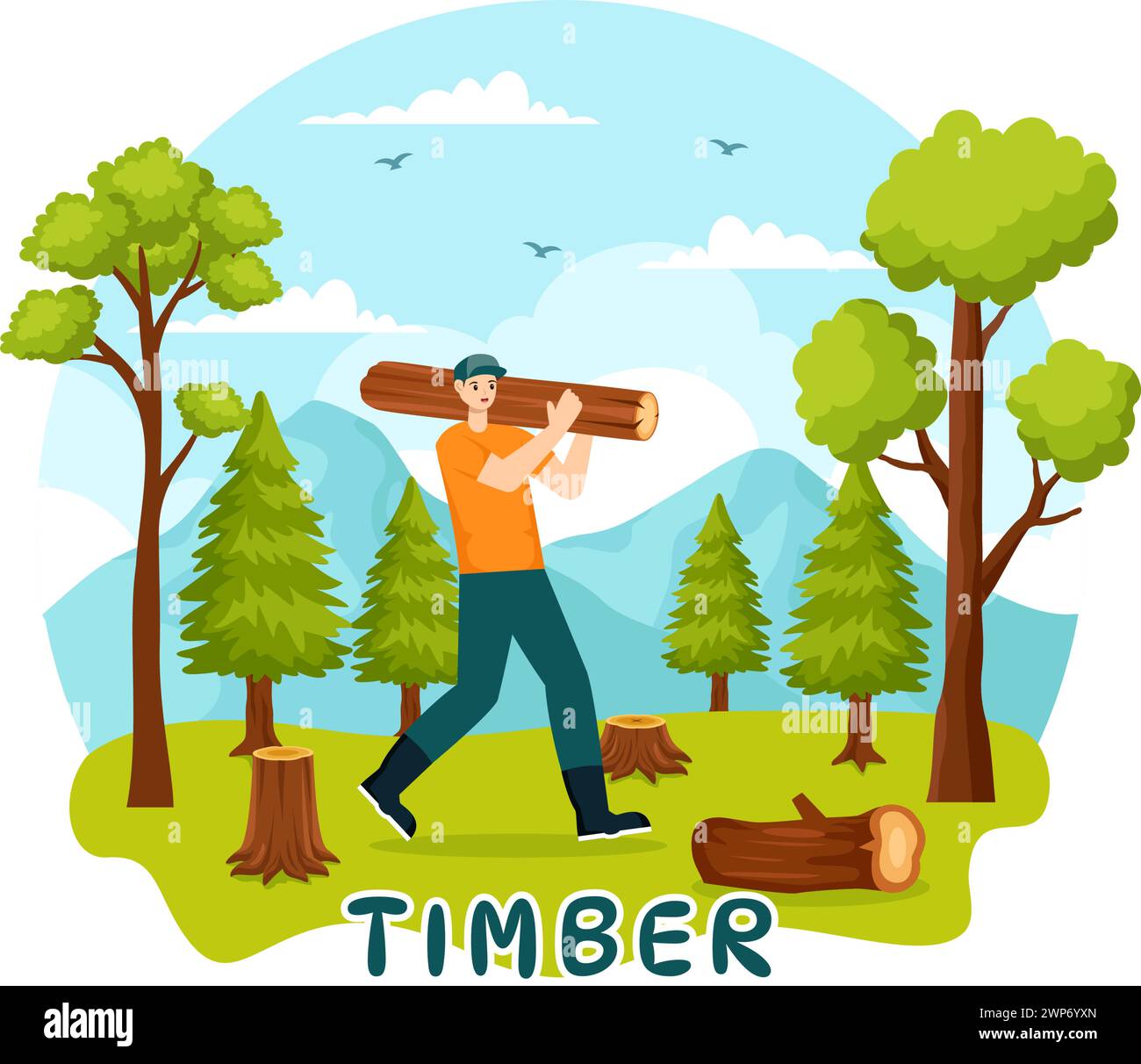 Timber Vector Illustration with Man Chopping Wood and Tree with ...