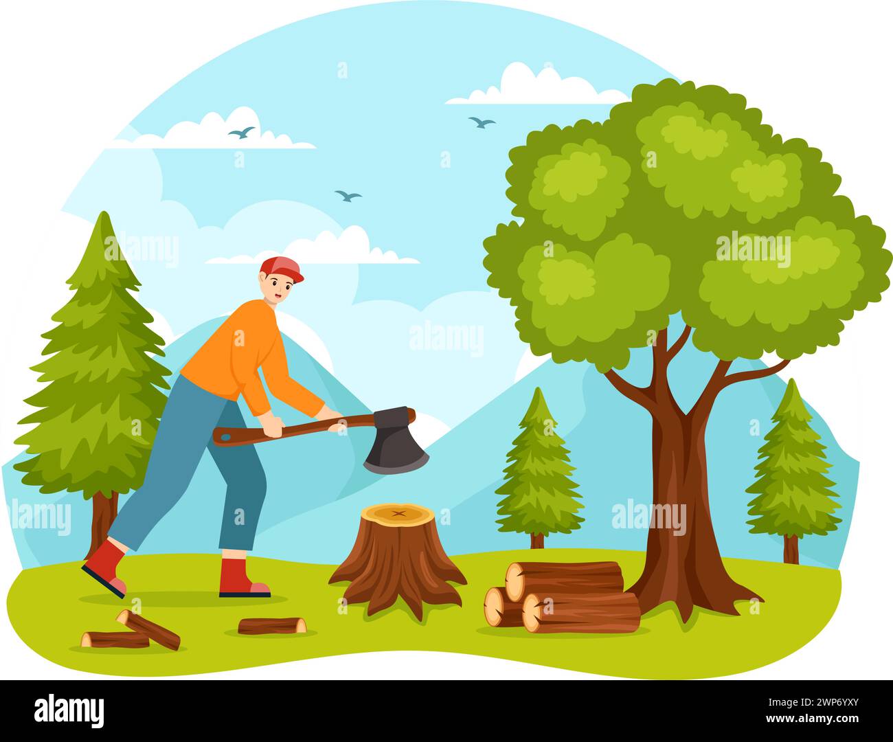 Timber Vector Illustration with Man Chopping Wood and Tree with ...