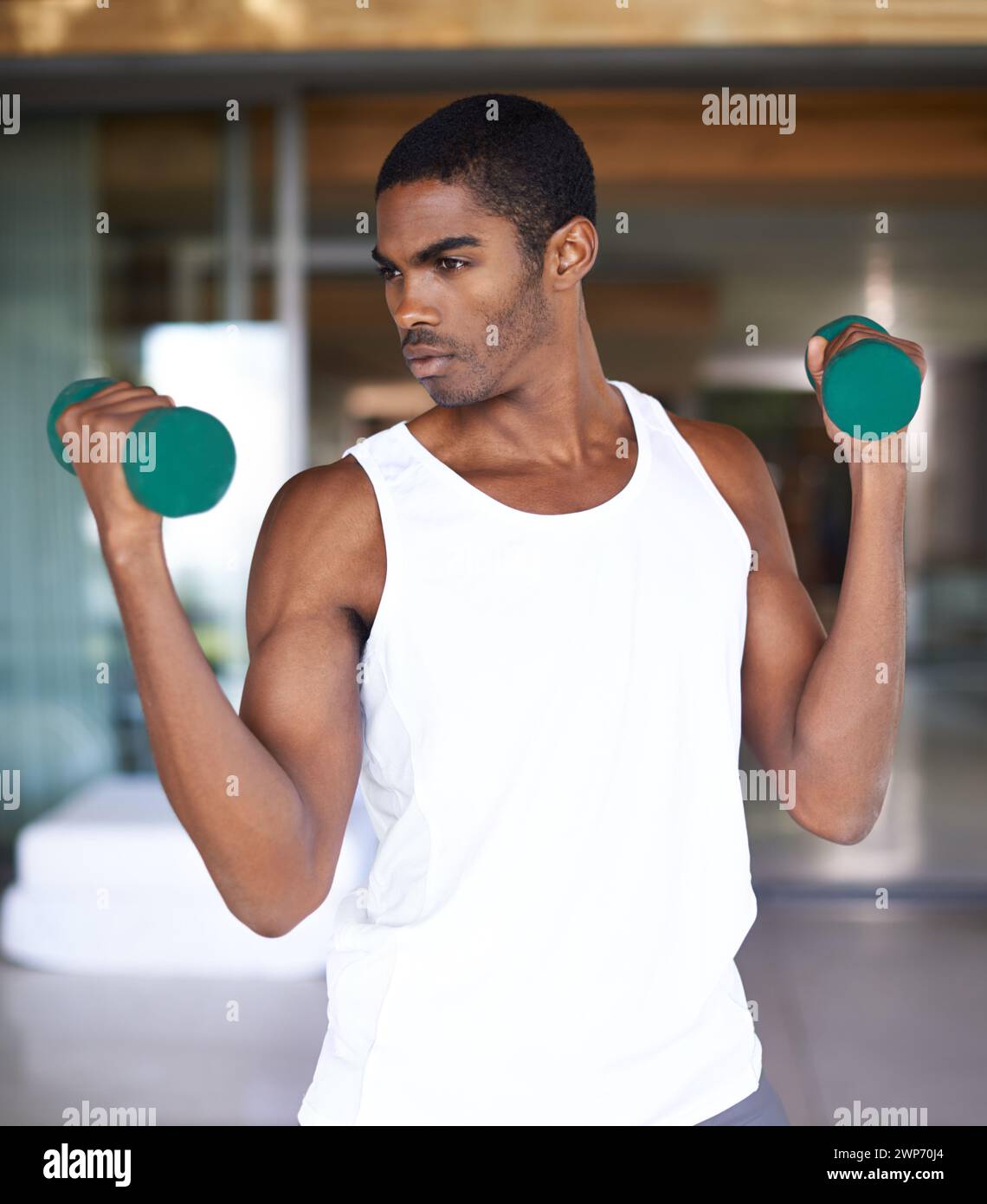 Black man, dumbbell and workout with exercise for bodybuilding ...