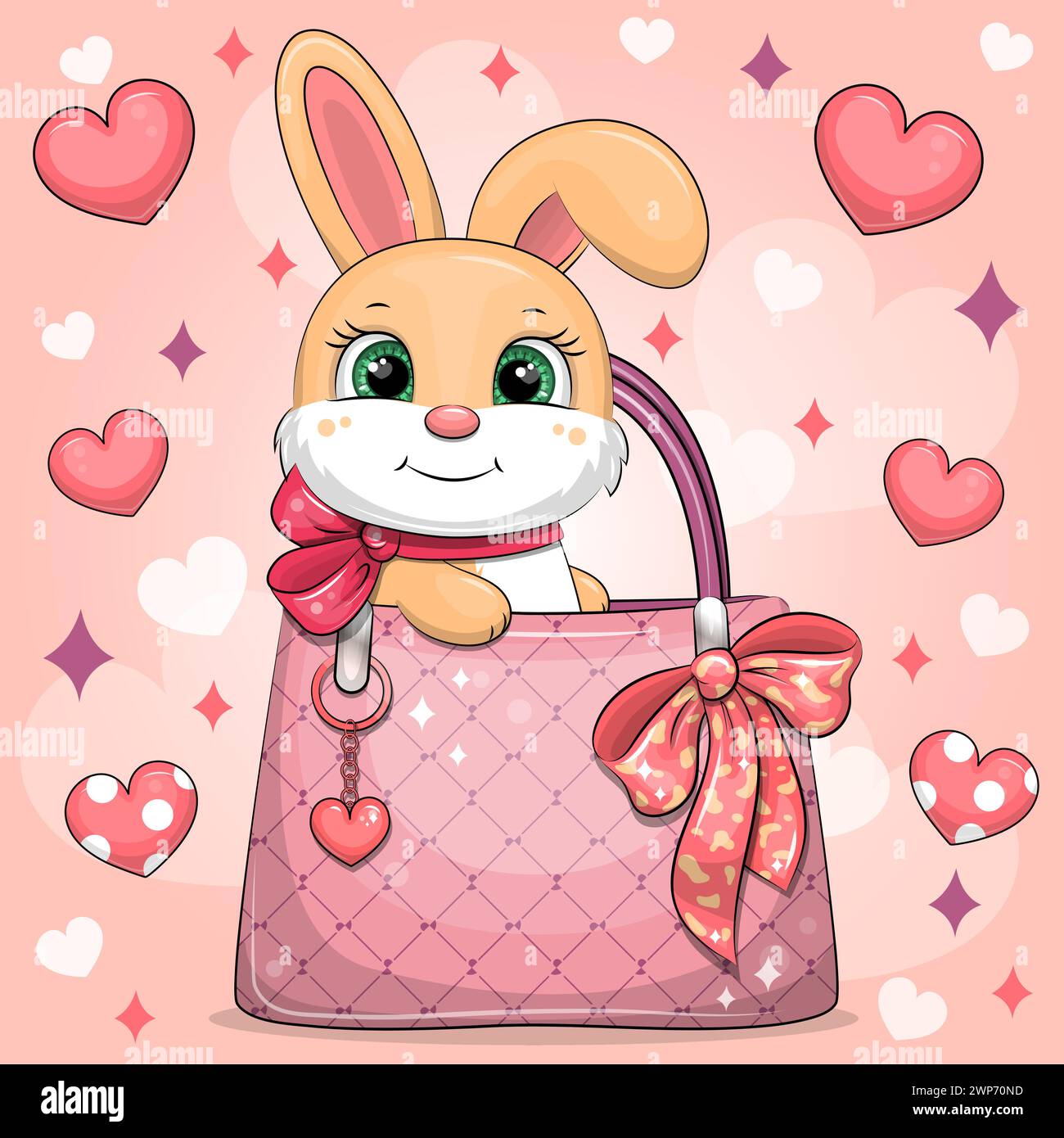 Cute cartoon bunny sits in a woman's bag. Vector illustration of an ...