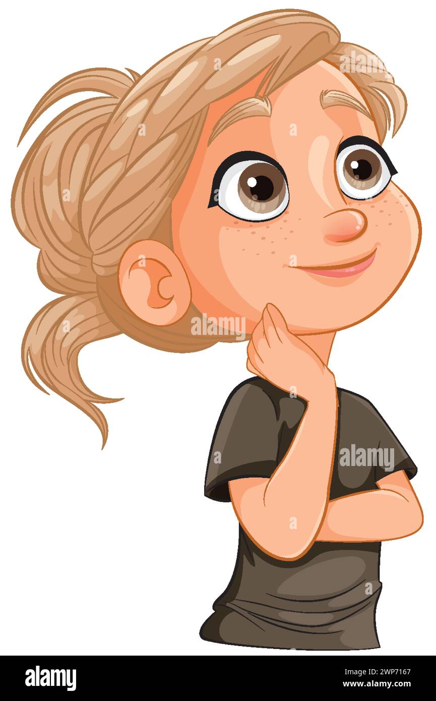Cartoon girl thinking with a hand on her chin Stock Vector Image & Art ...