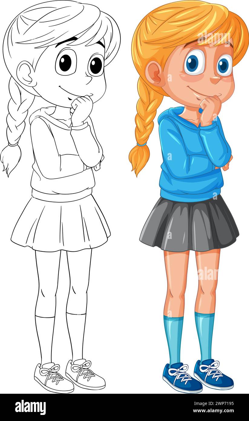 Cartoon girl in color and outline versions Stock Vector Image & Art - Alamy