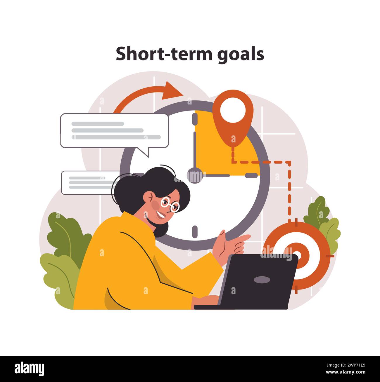 Short-term goals concept. Focused woman sets immediate objectives on ...