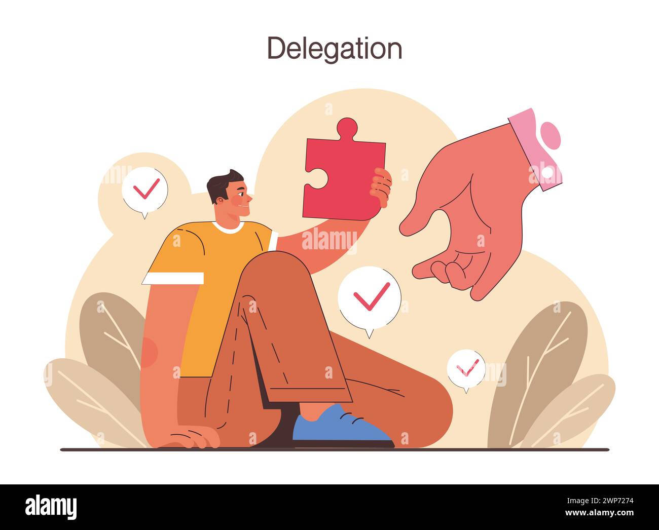 Delegation. Task assignment and control. Leader or manager transferring a task to a responsible ...