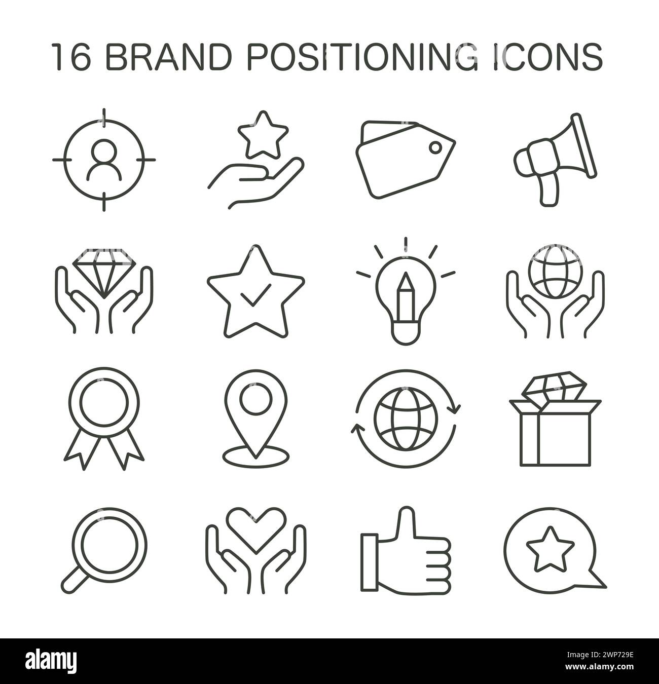 Set of brand positioning icons. Showcasing key marketing elements like ...