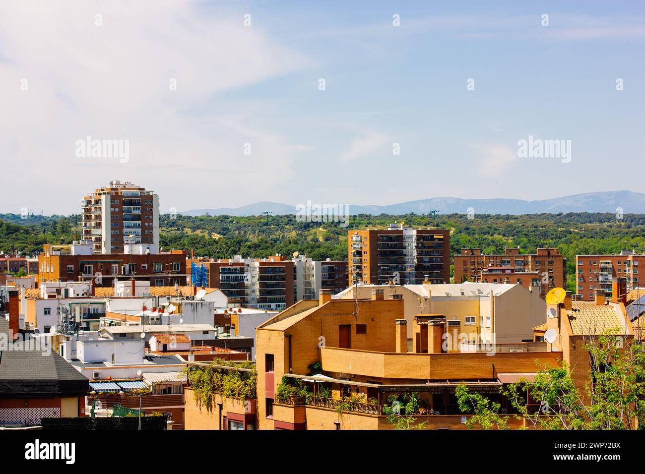Madrid, Spain. July 1, 2023 Roofs of high-rise residential buildings ...