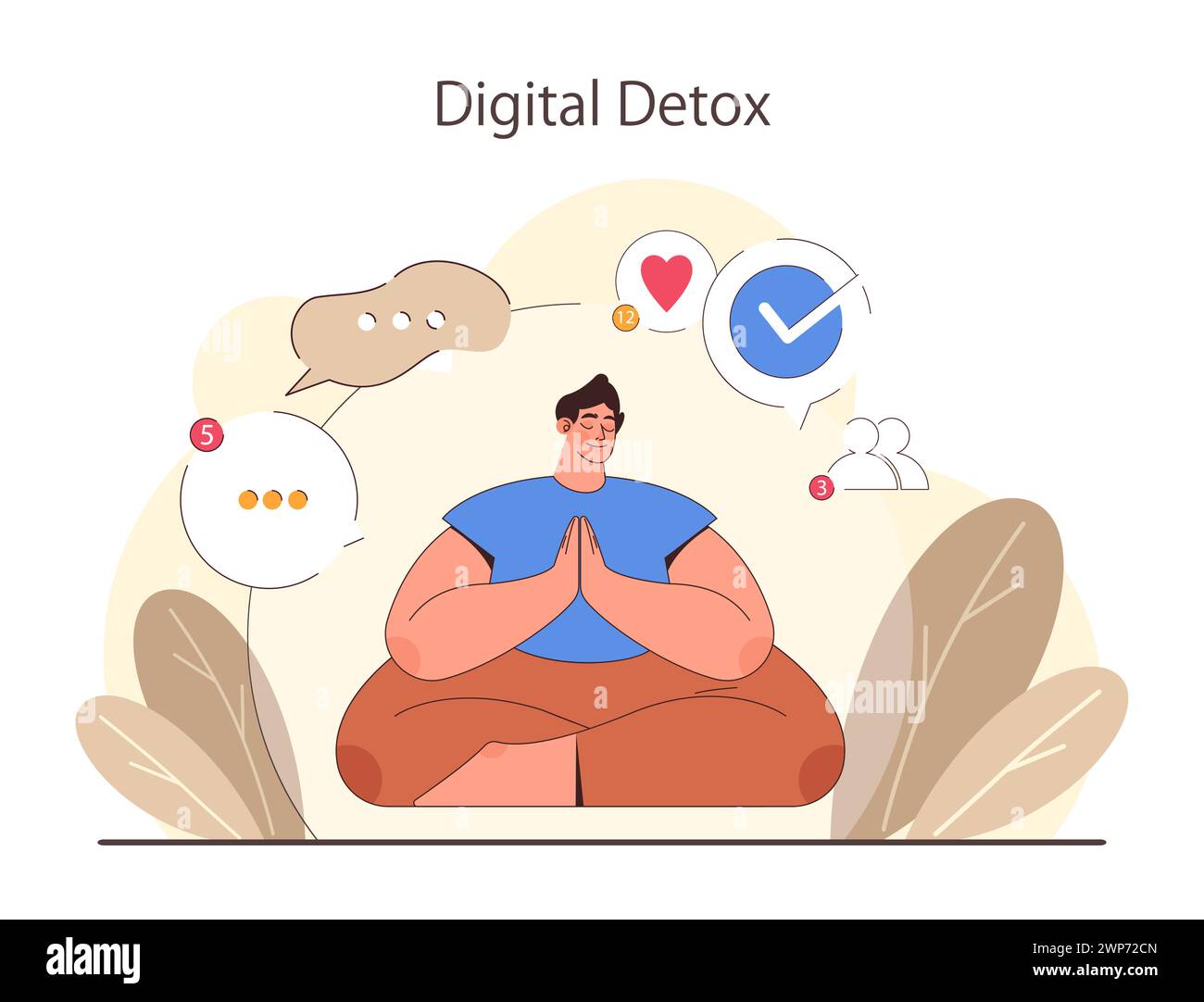Digital detox. Character practicing mindfulness, reducing screen time ...
