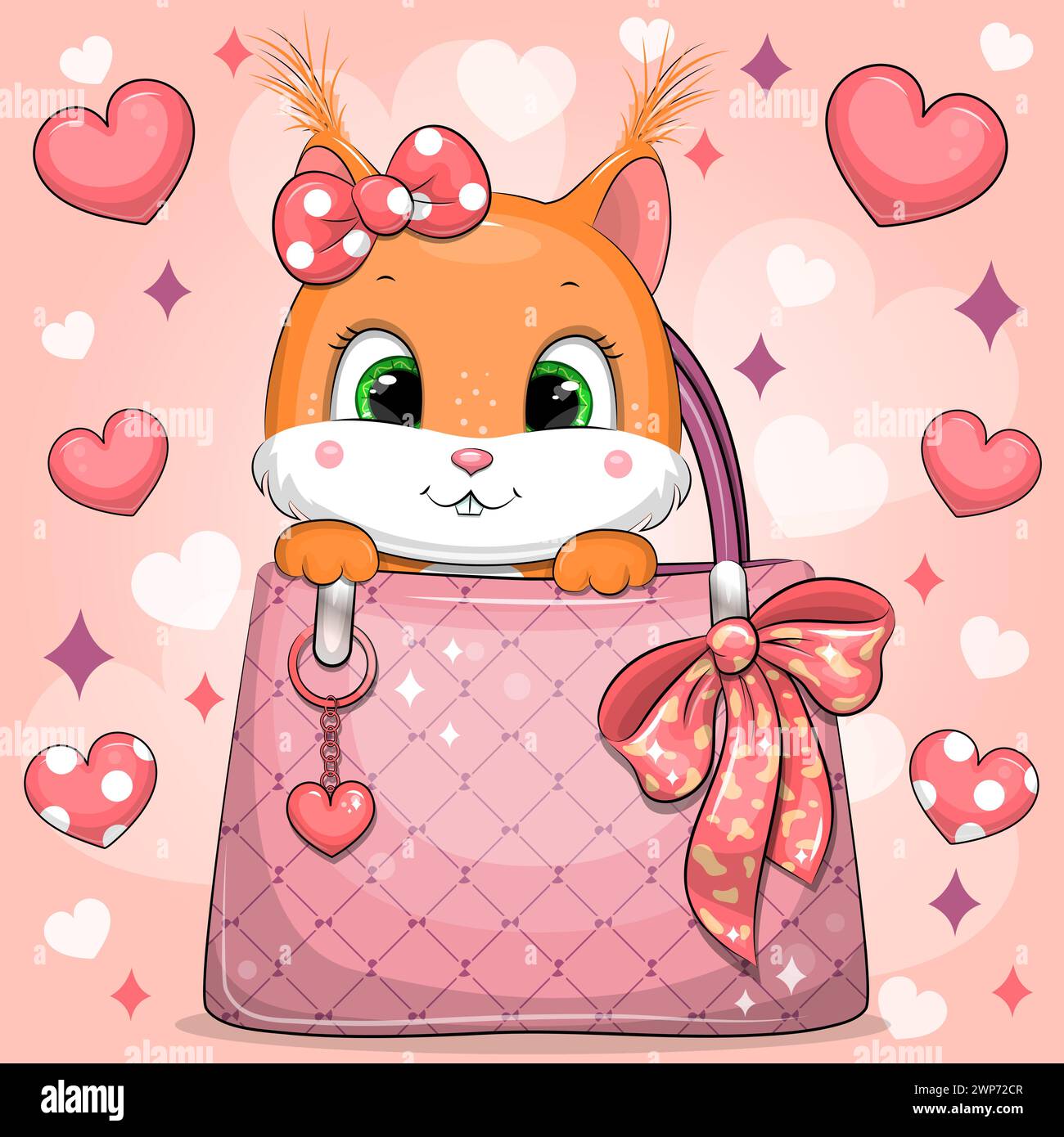 Cute Cartoon Squirrel Wears A Hair Bow And Sits In A Womans Bag