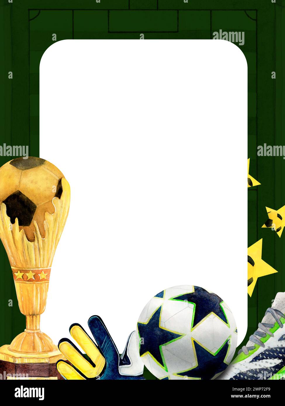 Soccer football frame cup watercolor drawing. Gold prize first star ...