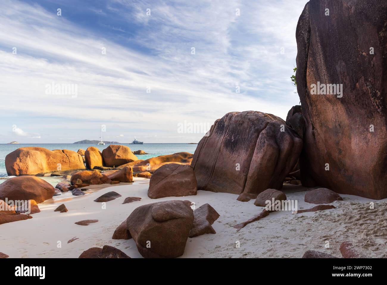 Anse Lazio, landscape of Praslin island, Seychelles. Coastal rocks and ...