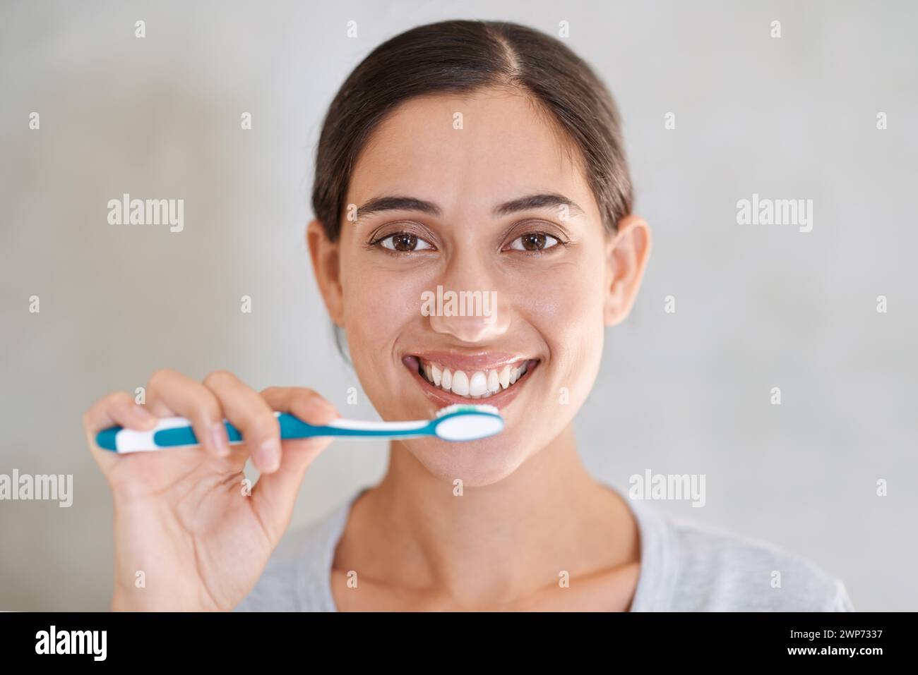 Woman, portrait and happy for brushing teeth in home for health ...