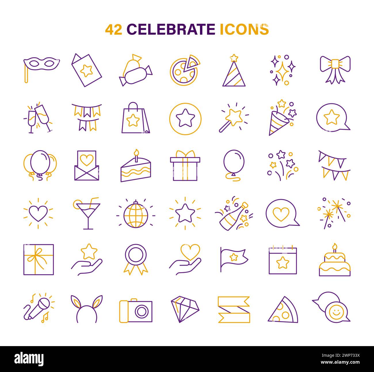 A collection of 42 unique celebration-themed vector icons, capturing ...