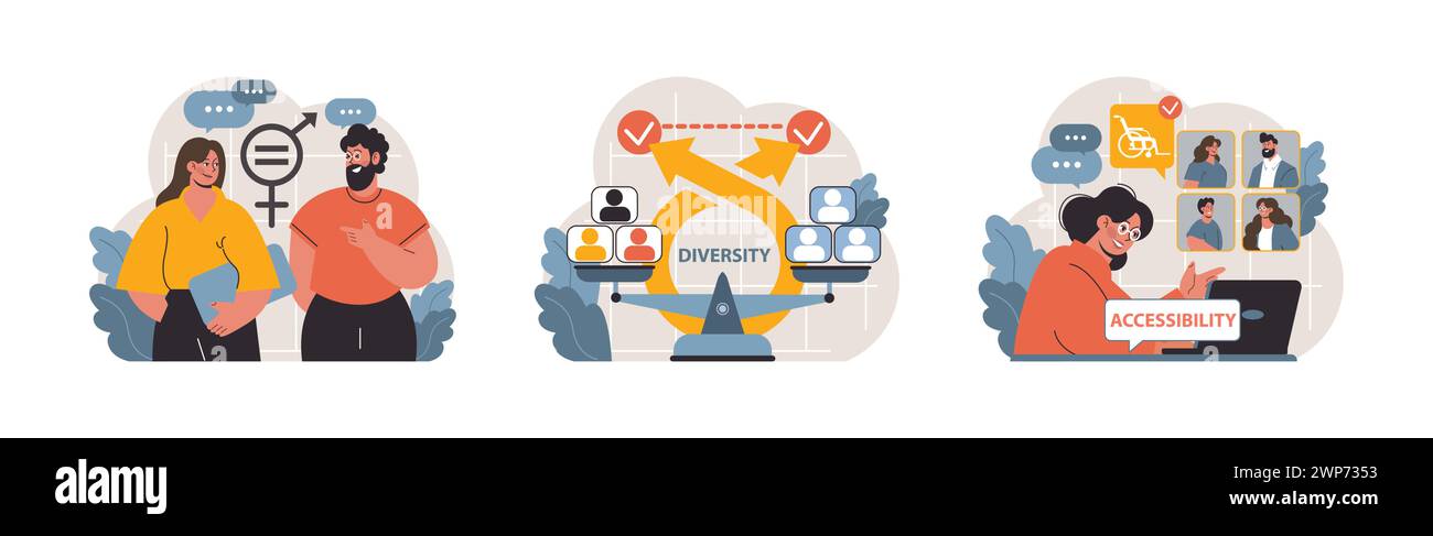 Inclusion in action set. Colleagues discussing gender equality ...