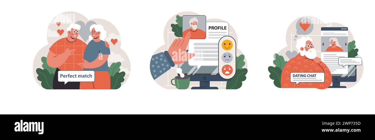 Senior dating set. Elderly couple finds love, creating online profiles ...