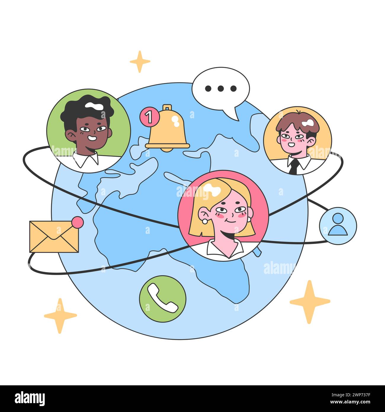 Global communication concept. Diverse faces orbit around an Earth map ...