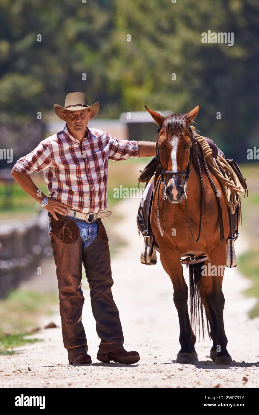 Cowboy, horse and portrait on farm in country and rodeo person on ...