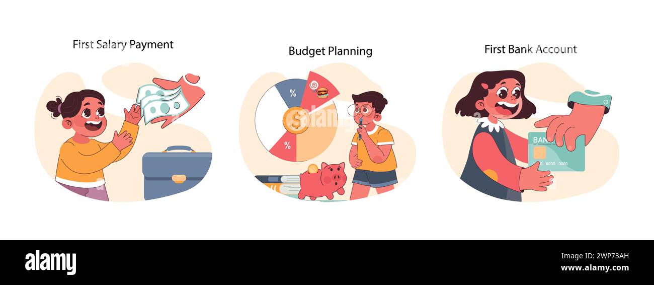 Child Financial Literacy set. Joyful introduction to earning, saving ...