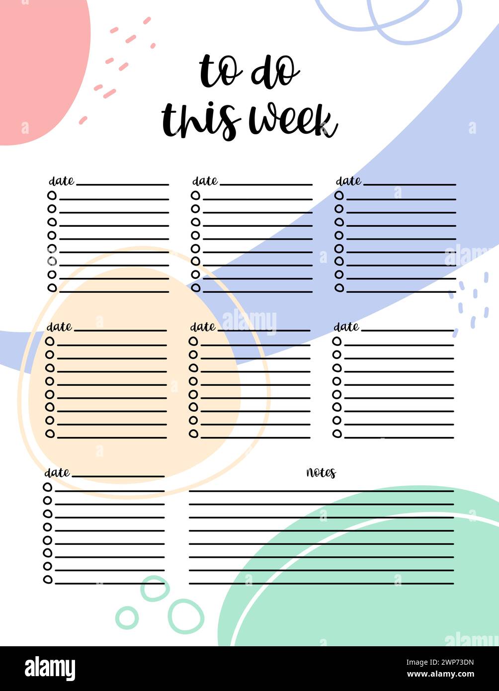 Weekly planner page template US Letter vector. To Do list week blank ...