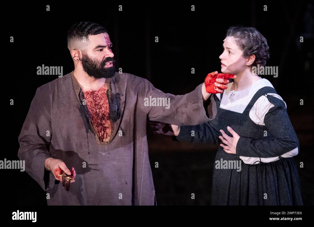Jessica Baglow as Lady Macbeth and Ash Hunter as Macbeth on stage during the dress rehearsal for ...