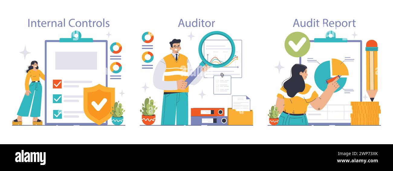 Audit process set. Professionals assessing financial statements ...