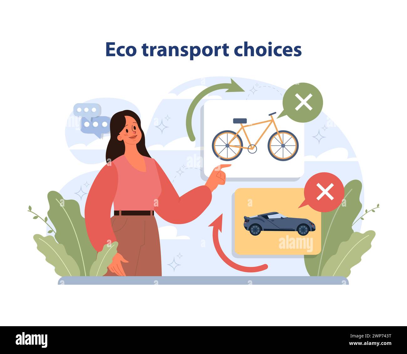 Eco Transport Choices concept. Woman highlights a bicycle as a green ...
