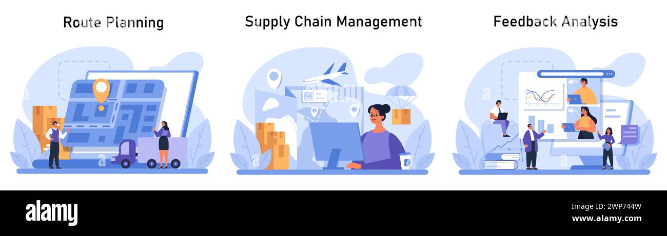 Supply Chain Efficiency set. Strategic logistics from route planning, through real-time tracking ...