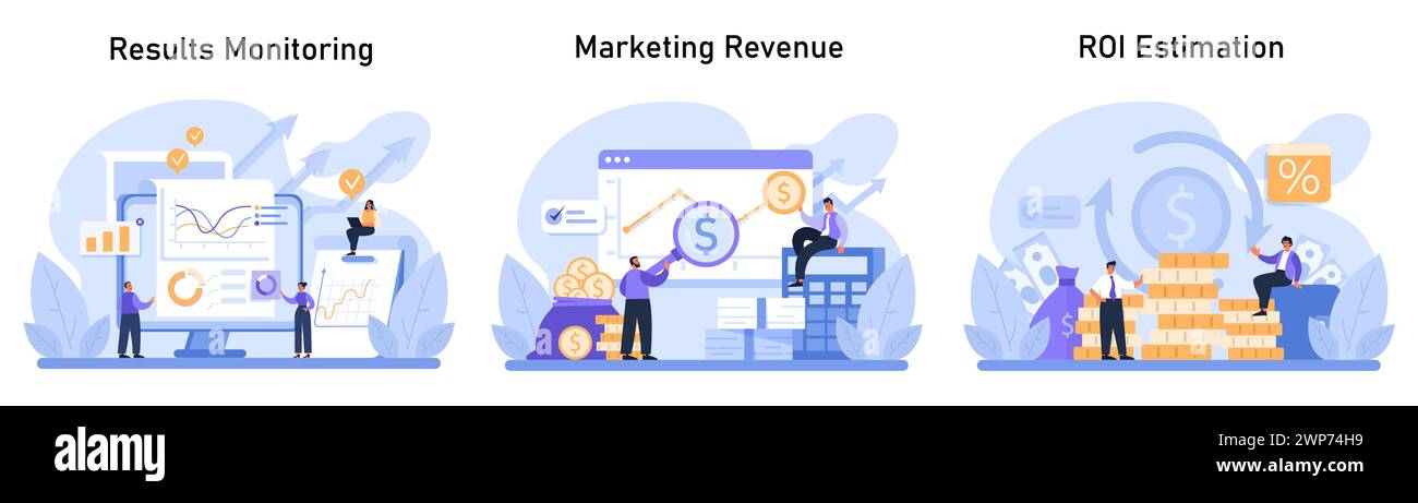 Marketing Strategy Development set. Analyzing performance with Results Monitoring. Increasing ...