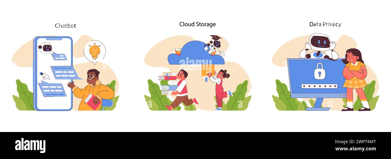 AI in education series. Student interacts with a chatbot. Secure cloud ...