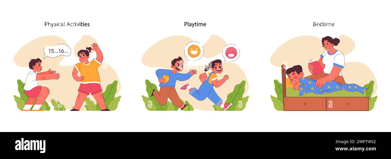 Child's daily routine set. Kids experiencing daily moments from waking ...