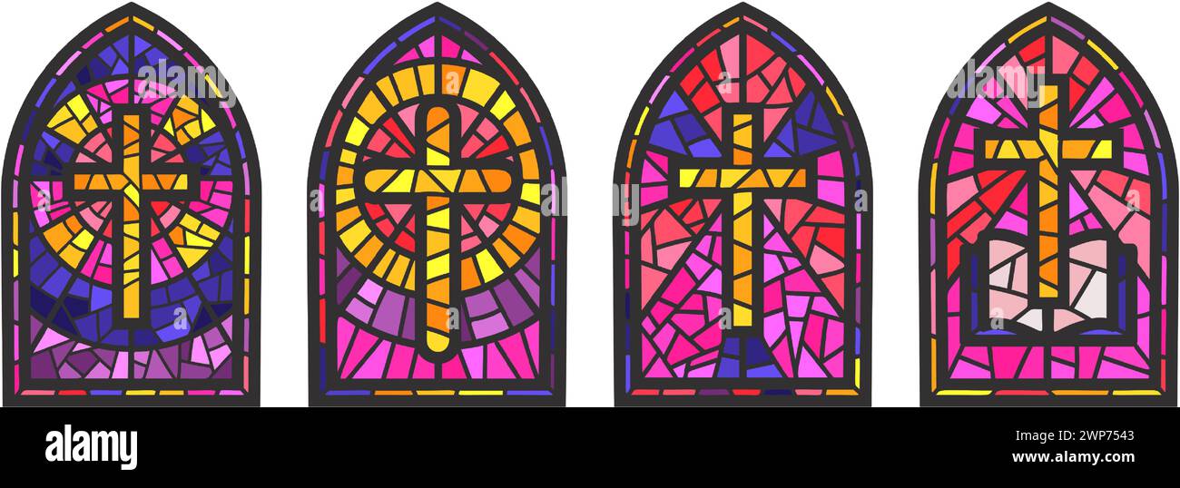 Church glass windows. Stained mosaic catholic and christian frames with ...