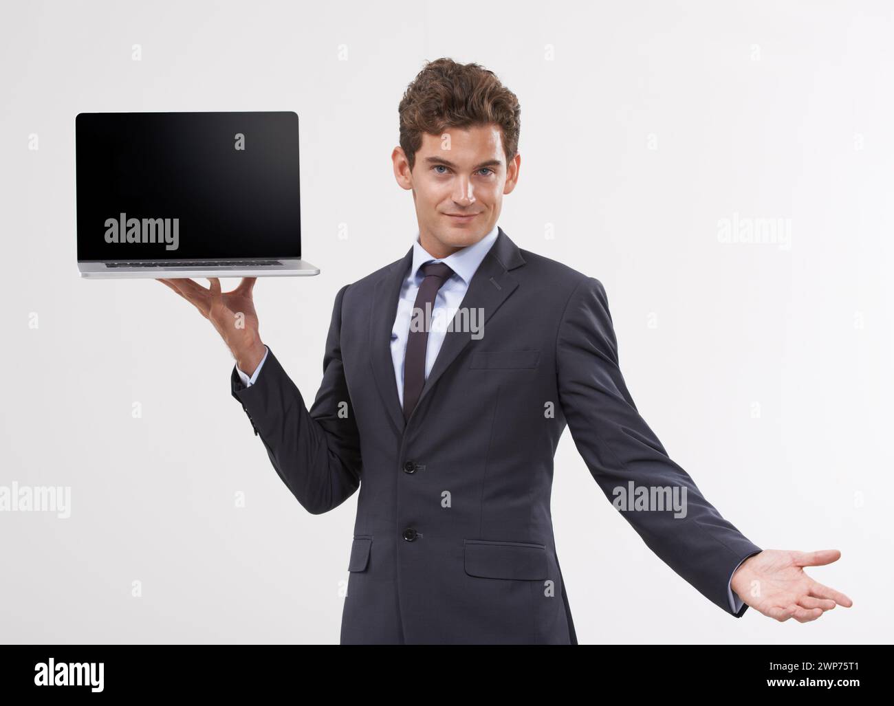 Portrait, screen and man holding a laptop, presentation or connection ...
